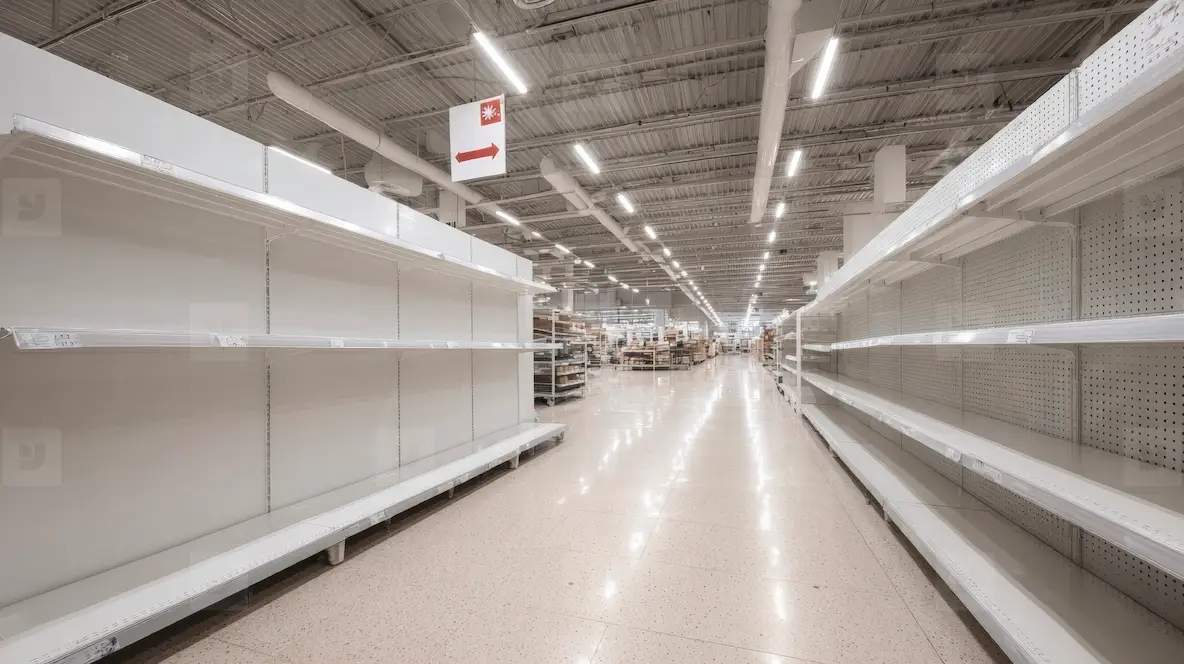 Empty Shelf Supermarket Food Shortage Crisis Aisle Fluorescent Indoor ...
