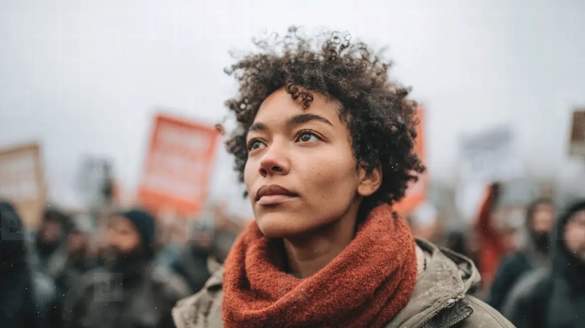 Young Woman Curly Hair Red Scarf Outdoor Protest Climate Change Diverse ...