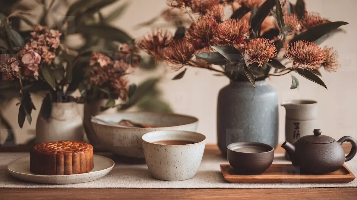 Beautiful Display Of Mooncake, Tea Set, And Floral Arrangements Creates ...