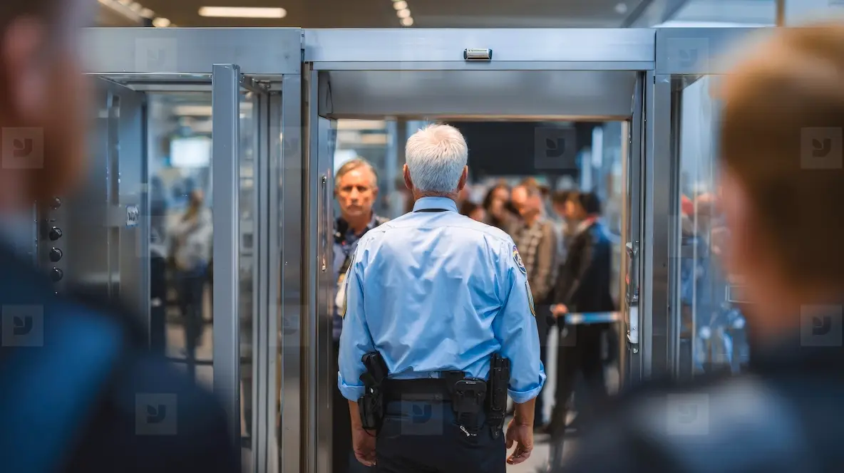 Security Checkpoint With Metal Detector Scanning, Police Officer ...