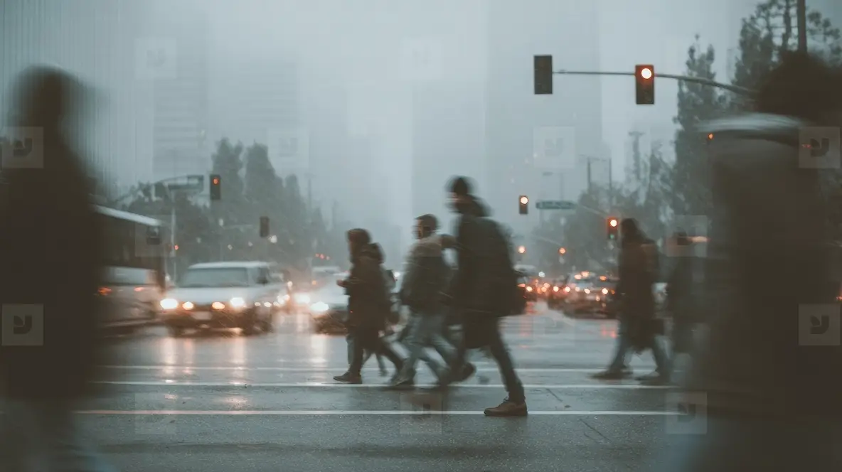 Commuters Crossing Busy Street In Downtown, Blurred Motion Creates ...