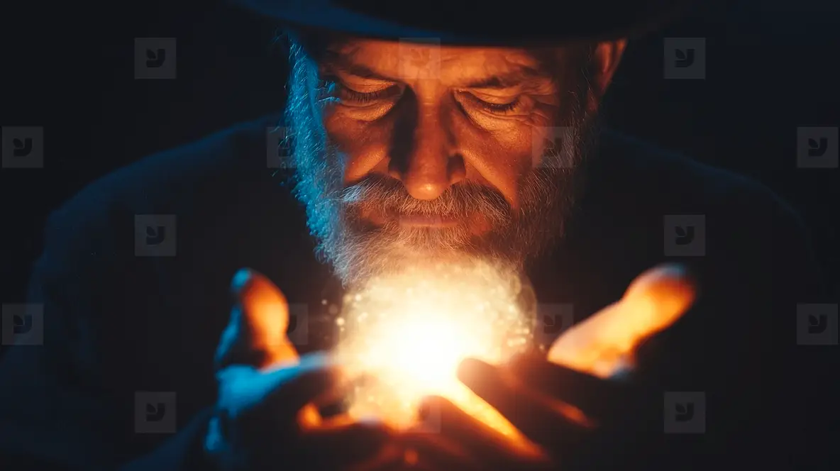 Magician Conjuring Glowing Symbols With Mystical Energy In Dark Setting ...