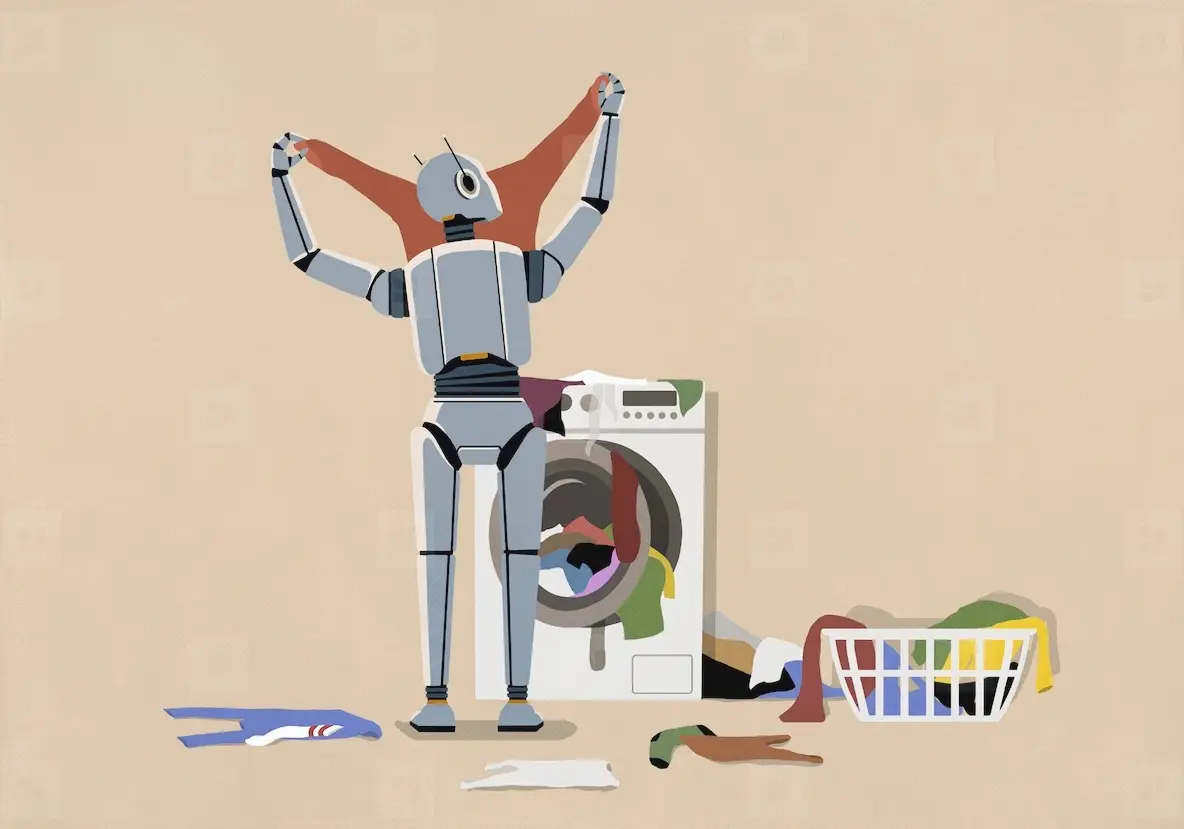 Humanoid Robot Folding Laundry At Dryer In Messy Laundry Room Photo ...