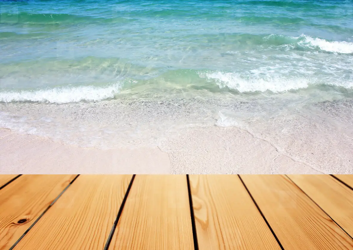 Wooden Table Over Sea Background Photo (53017) - YouWorkForThem